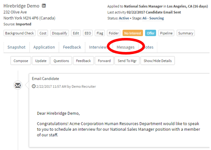 Message/E-Mail Candidate – Hirebridge