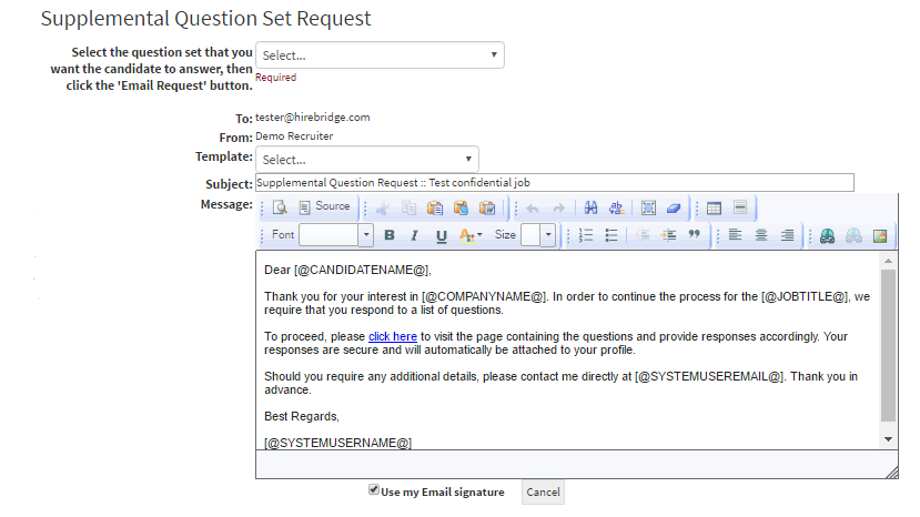 Send Candidate Question Set – Hirebridge