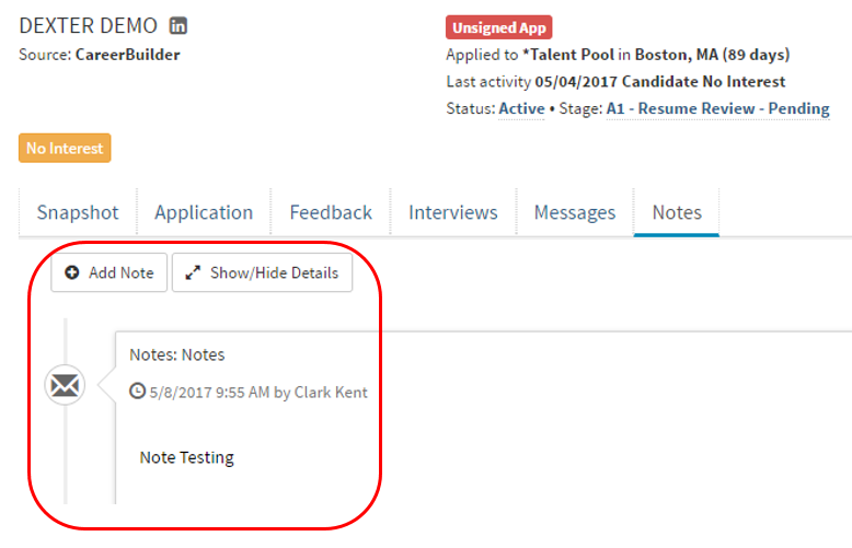 Candidate Note/ Private Note Management – Hirebridge